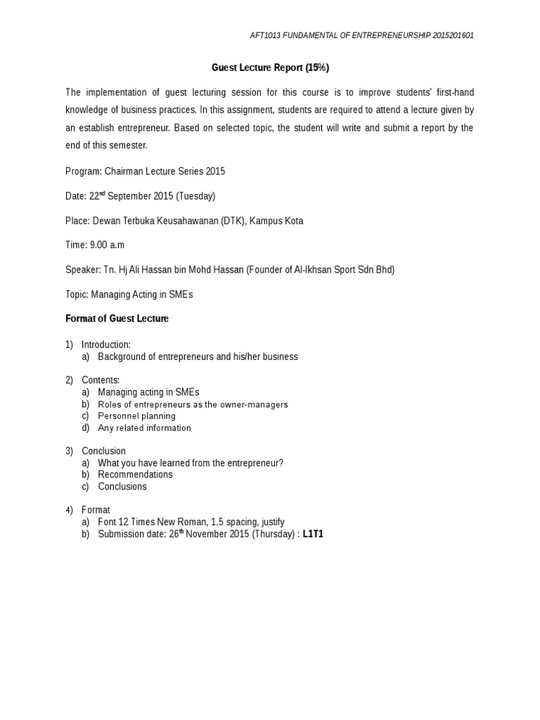 Guest Lecture Report (15%) : Aft1013 Fundamental of Entrepreneurship ...