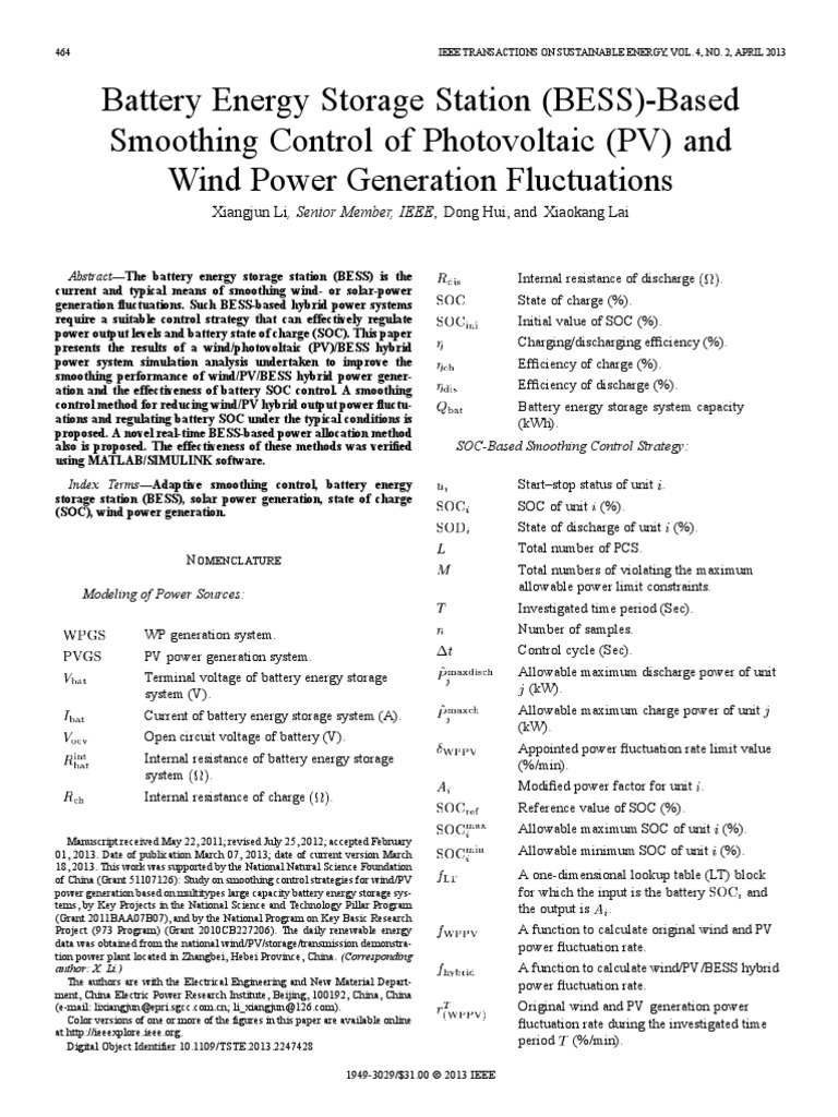 Battery Energy Storage Station (BESS) - Based Smoothing Control of Photovoltaic (PV) and Wind ...