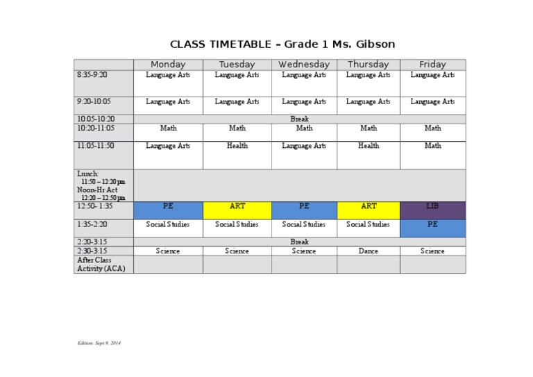 Timetable - Grade 1 | PDF