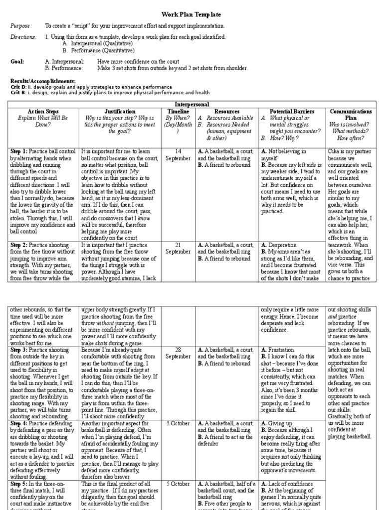Work Plan Template: Purpose: Directions | PDF | Sports | Basketball