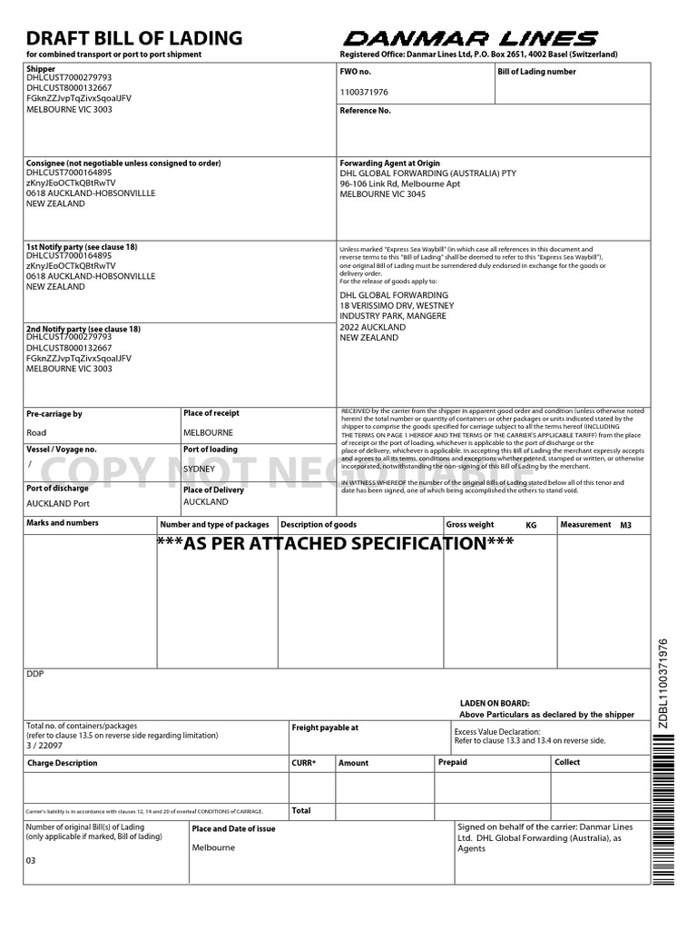Print Draft Bill of Lading_1100371976 | Bill Of Lading | Cargo | Free ...