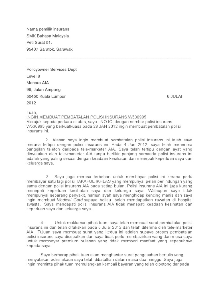 Surat Pembatalan Insurans Aia | PDF