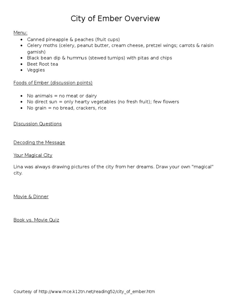 City of Ember Questions Activities | PDF | Cuisine | Food And Drink