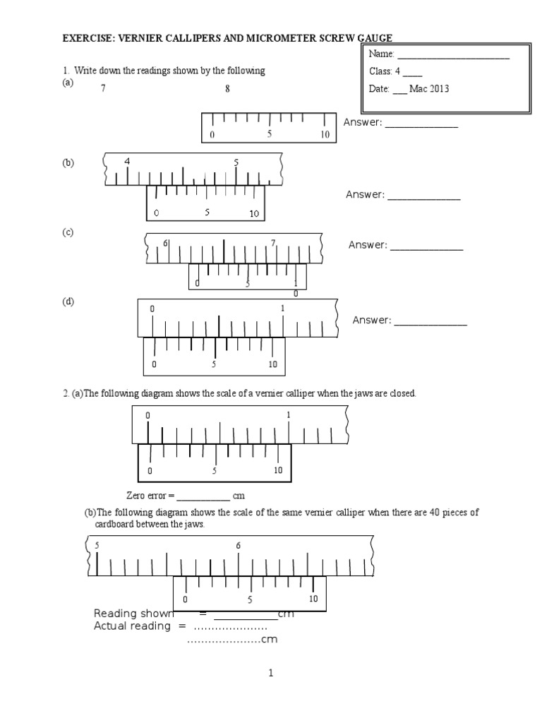 Vernier Caliper Reading Exercises