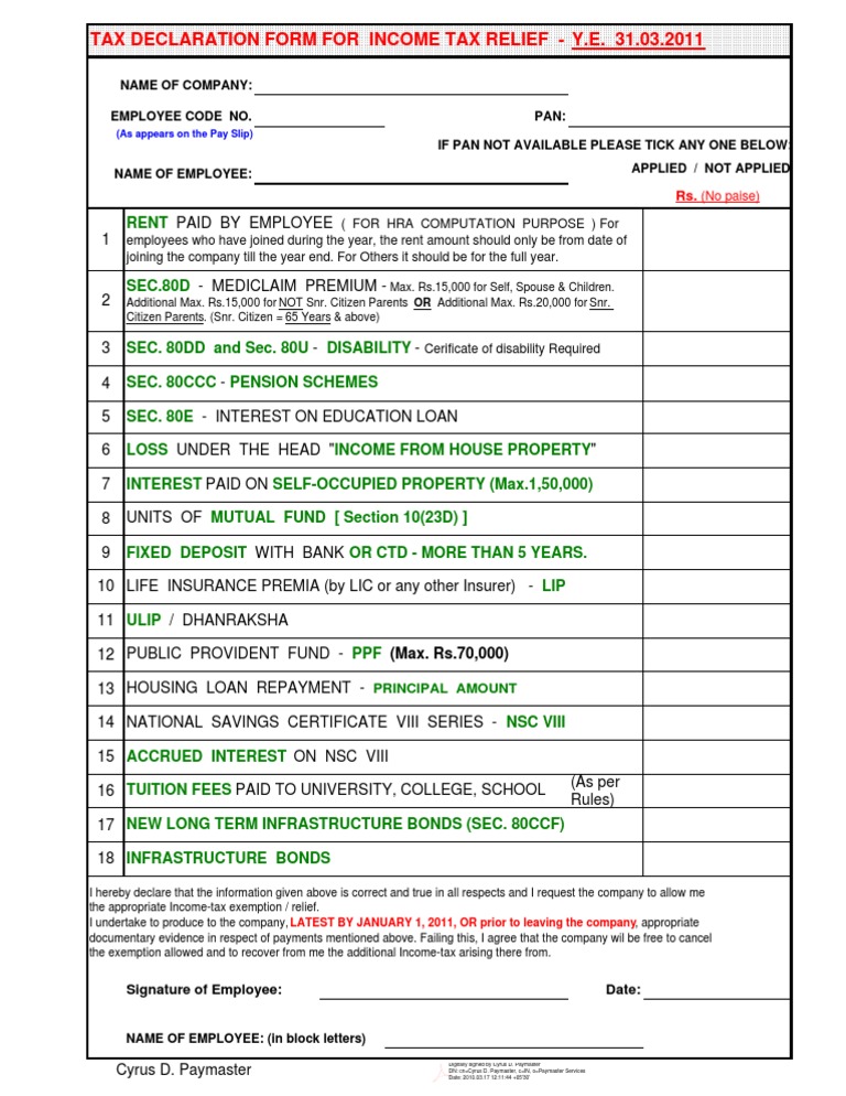Tax Declaration Form - FY Ended 31.03.2011 | PDF | Government Finances ...