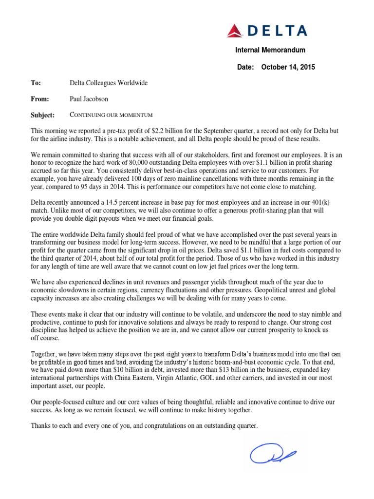 Delta CFO Paul Jacobson's 10-14-15 Letter to Employees About 3Q 2015 ...