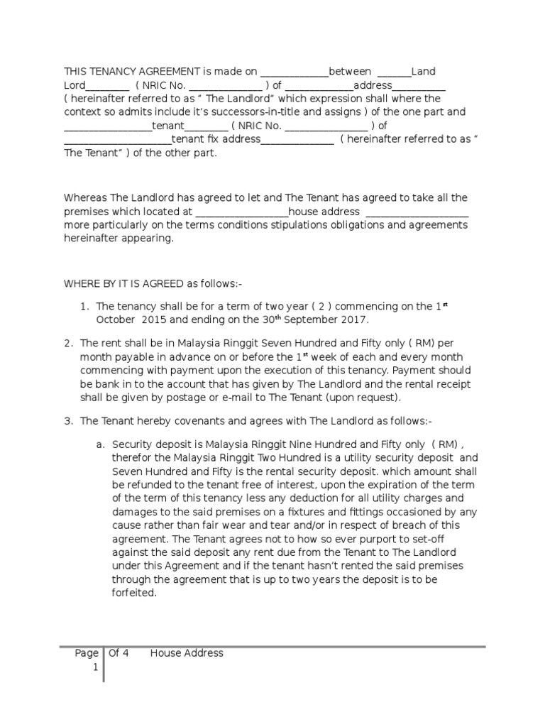 Example of Tenancy Agreement | PDF | Leasehold Estate | Landlord