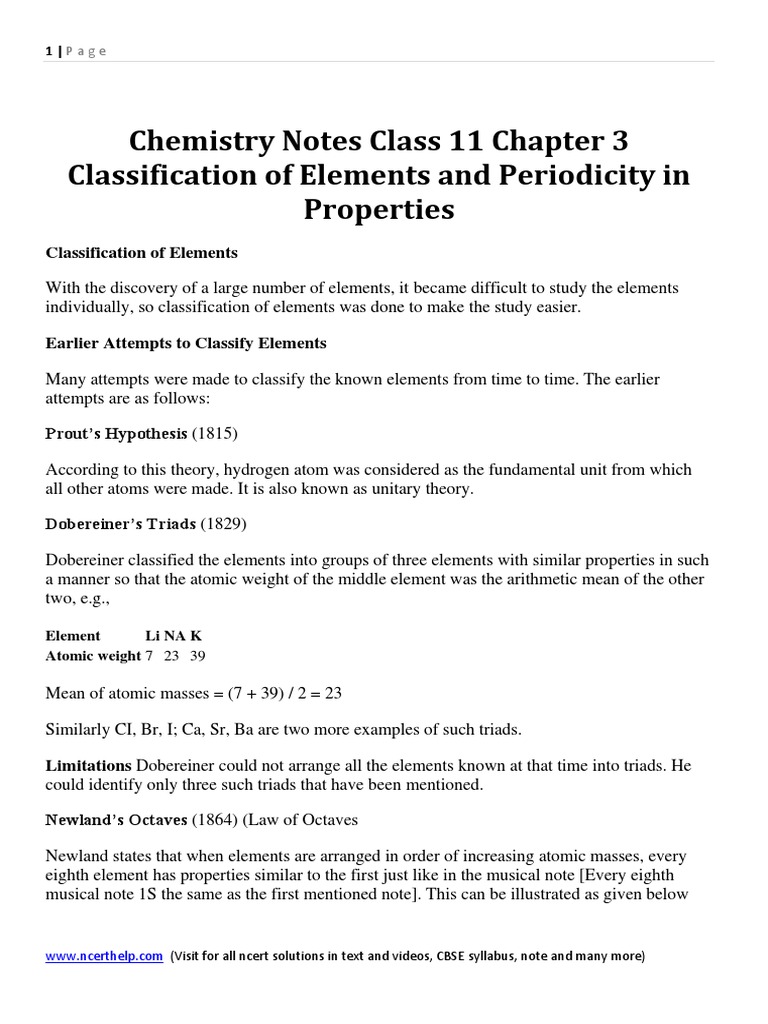 Chemistry Notes Class 11 Chapter 3 Classification of Elements and ...