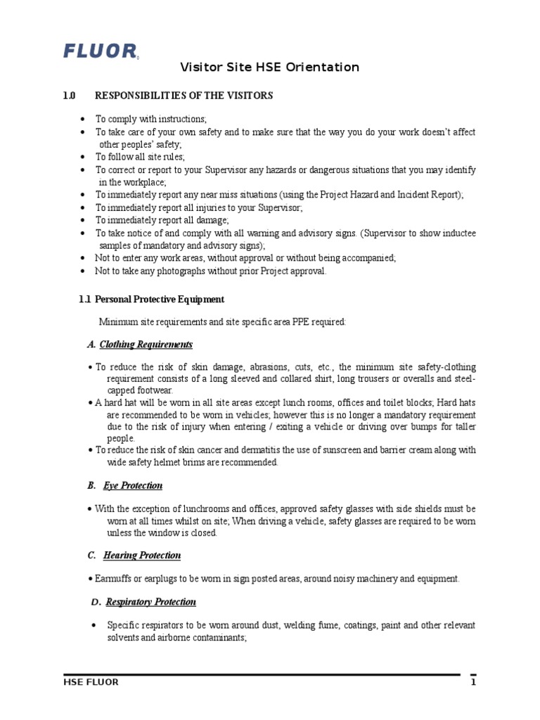 Visitor Site HSE Orientation | PDF | Personal Protective Equipment | Safety