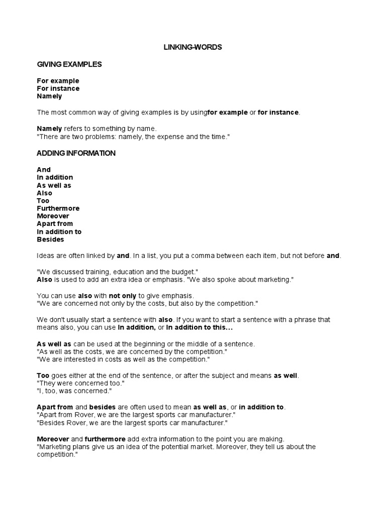 Linking-Words Giving Examples | PDF | Sentence (Linguistics) | Economics