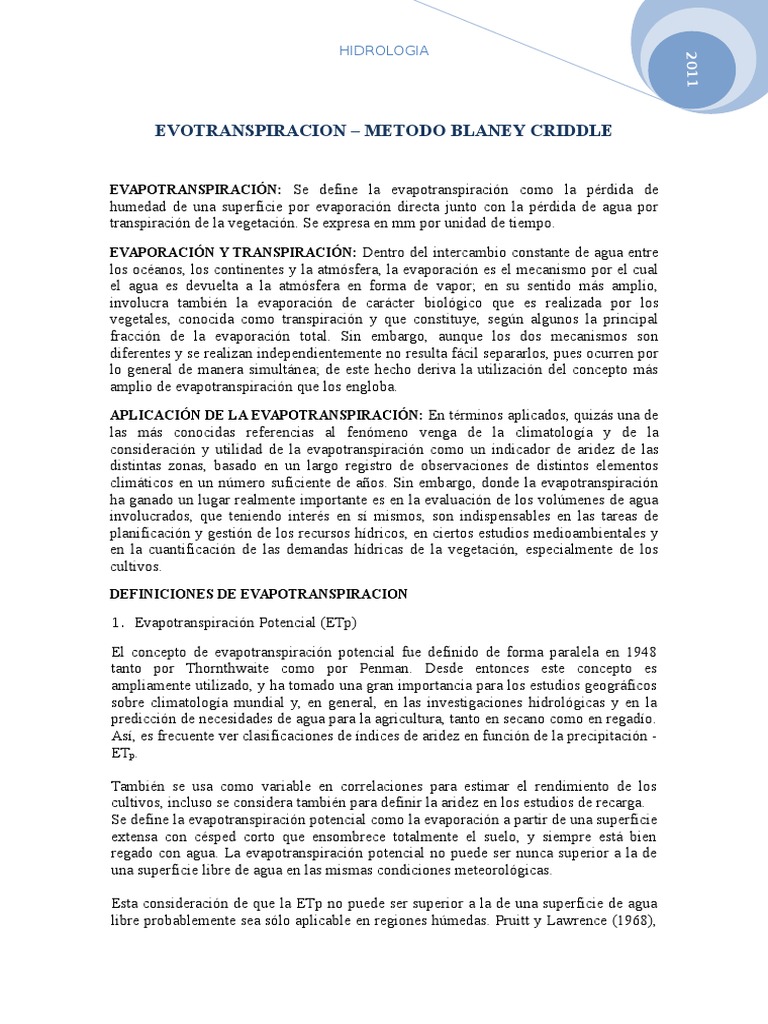 Evapotranspiración: Método Blaney-Criddle | PDF | Evapotranspiración ...