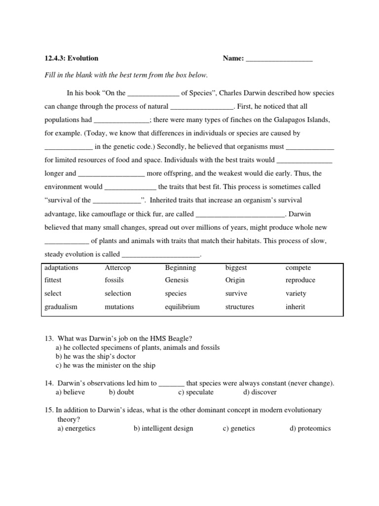 12.4.3: Evolution Fill in The Blank With | PDF | Heredity | Evolution