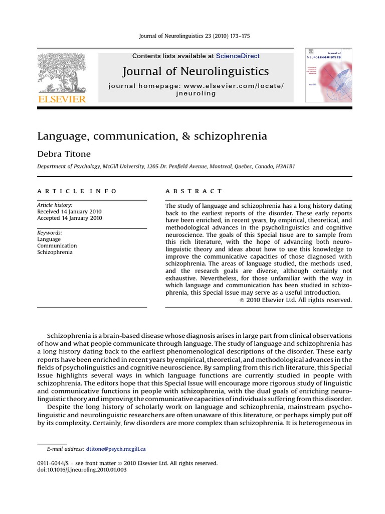 Language, Communication, & Schizophrenia | PDF | Neurolinguistics | Schizophrenia