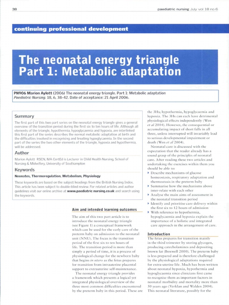 Neonatal Energy Triangle: Metabolic Adaptation | PDF | Hypoglycemia ...