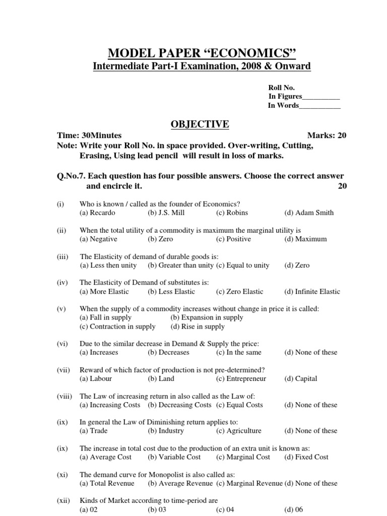Model Paper "Economics" | PDF | Marginal Cost | Demand