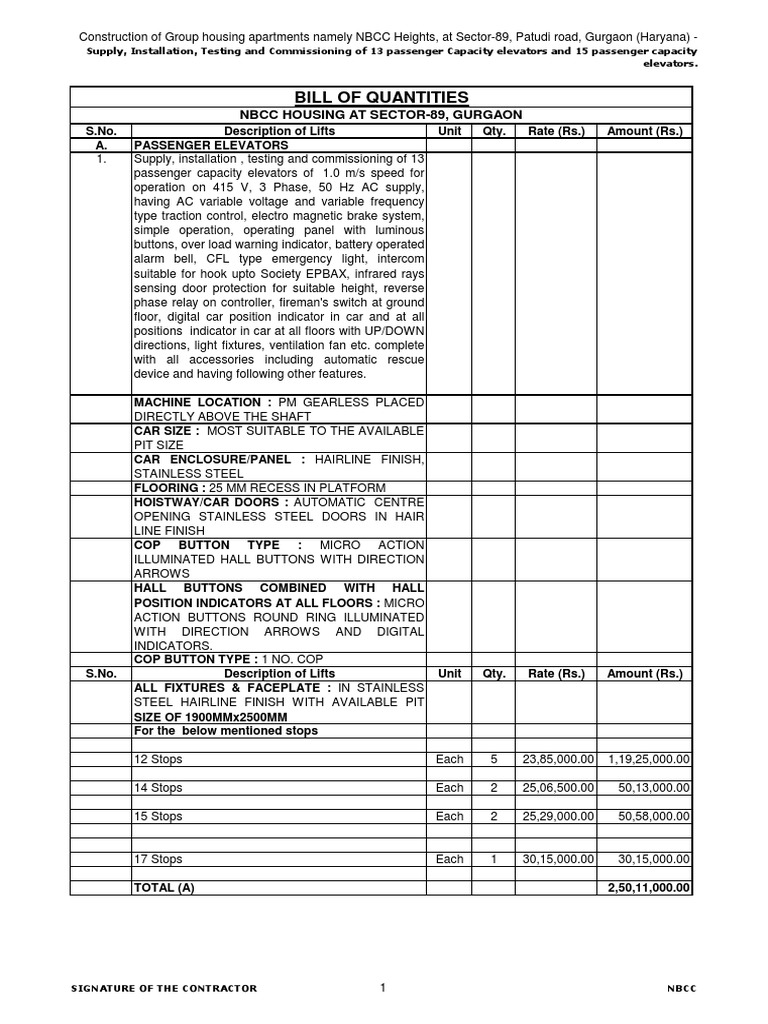 Sample Elevator BOQ | Elevator | Electrical Engineering