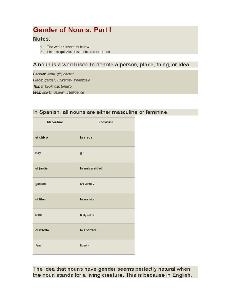 Gender of Nouns: Part I: Notes | PDF
