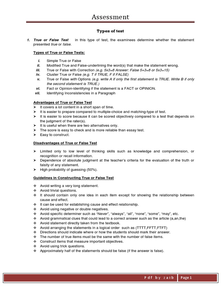 Assessment: Types of Test | PDF | Test (Assessment) | Multiple Choice