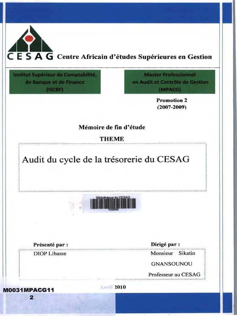 Audit Du Cycle Trésorerie CESAG | PDF | Audit | Contrôle interne