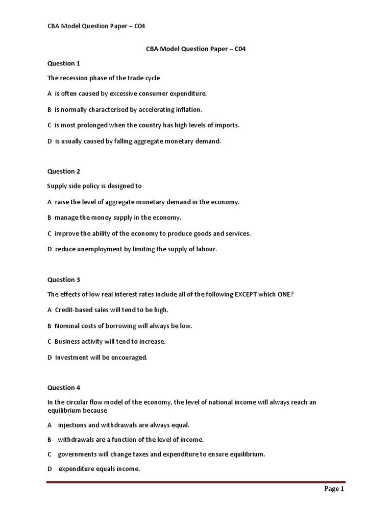 Cba Model Question Paper C04 Pdf Average Cost Demand