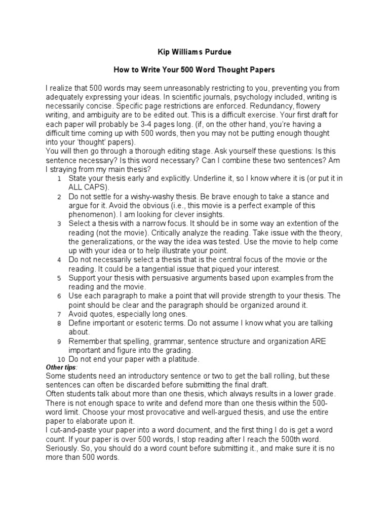 Kip Williams Purdue How To Write Your 500 Word Thought Papers ...