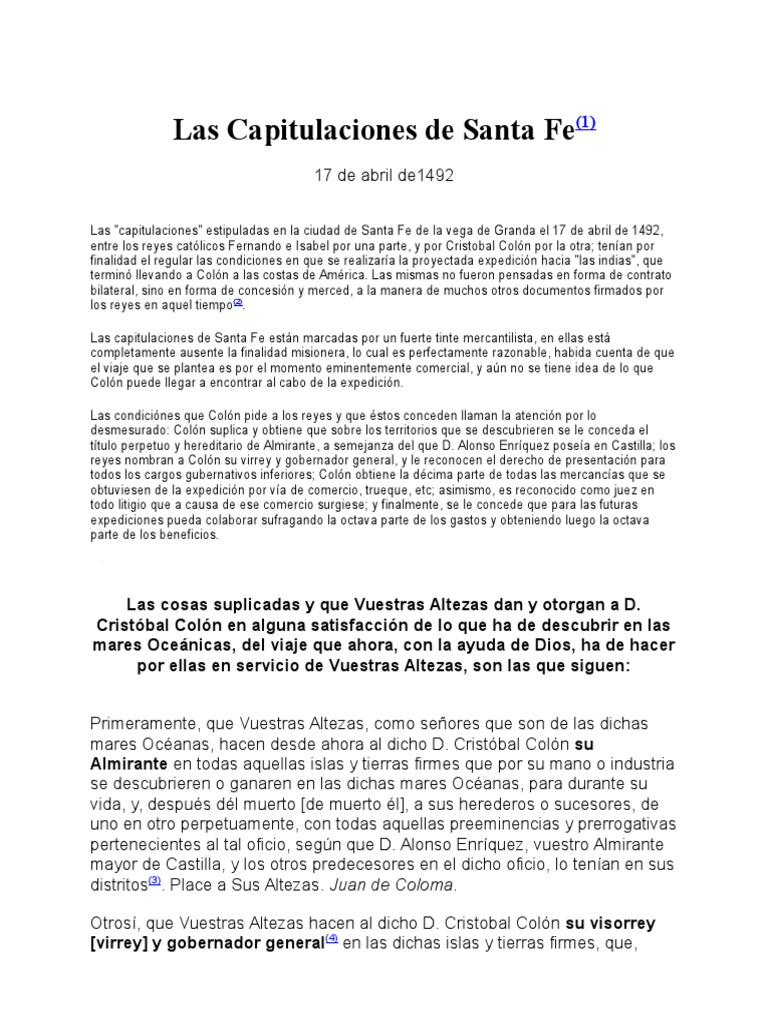 Capitulaciones de Santa Fe 1492 | PDF | Cristobal colon