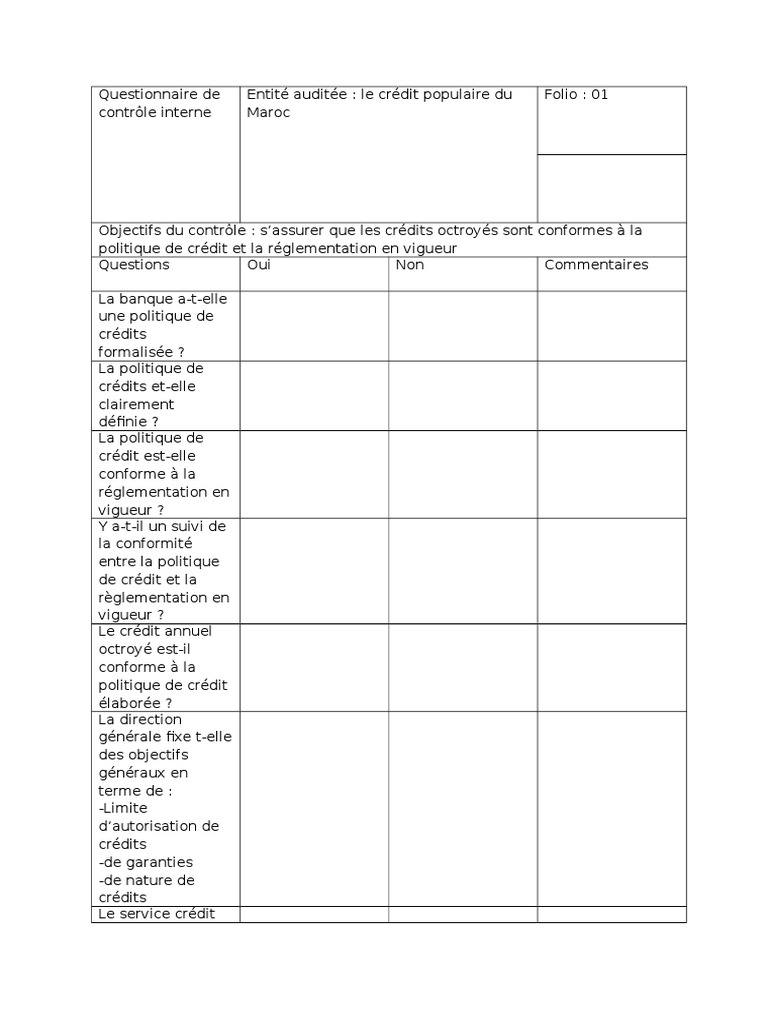 Questionnaire | PDF | Crédit (Finance) | Contrôle interne