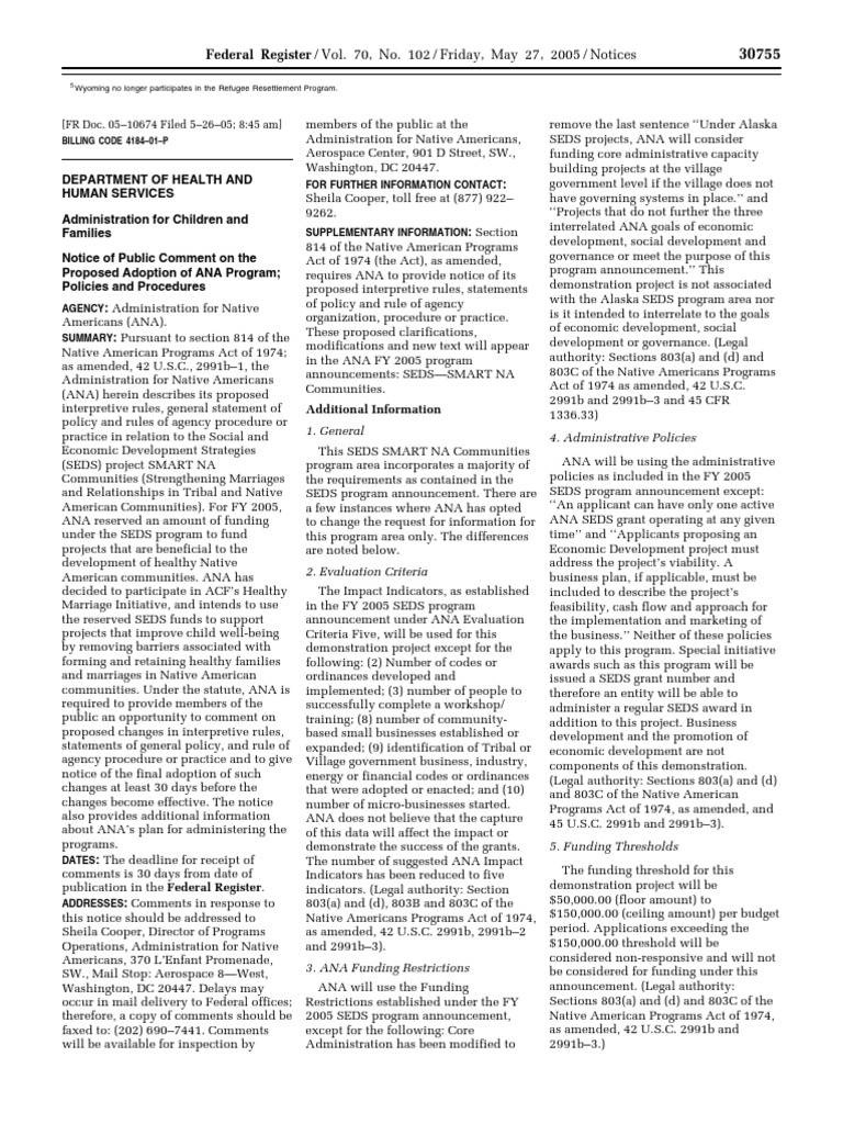 Notice: Grants and Cooperative Agreements Availability, Etc.: Native ...