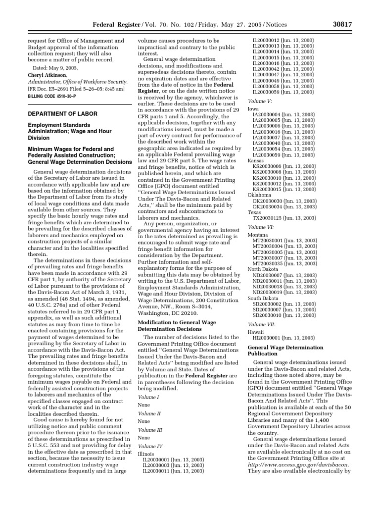 Notice: Minimum Wages For Federal and Federally-Assisted Construction ...