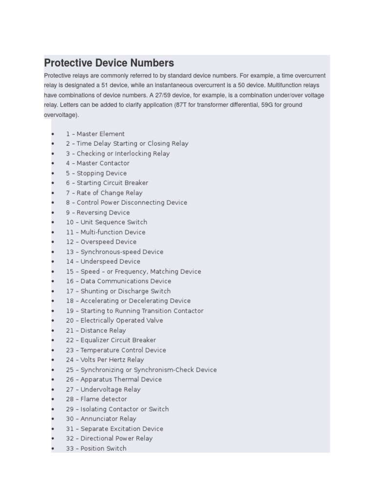 Protective Device Numbers | PDF | Relay | Transformer