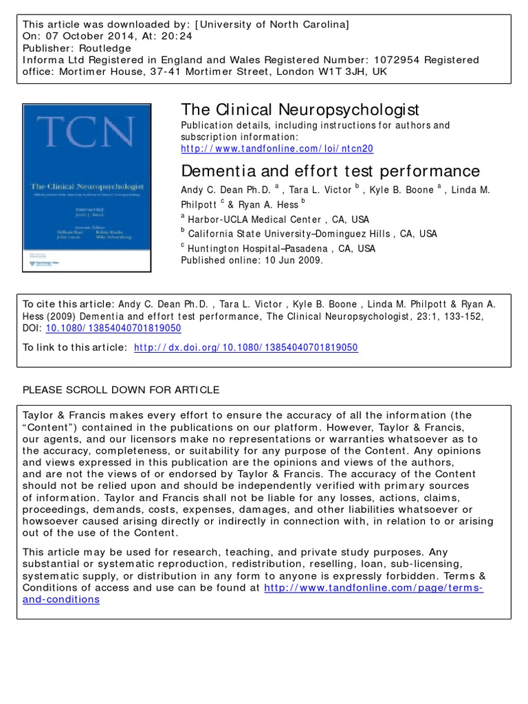Dementia and Effort Test Performance | PDF | Wechsler Adult ...