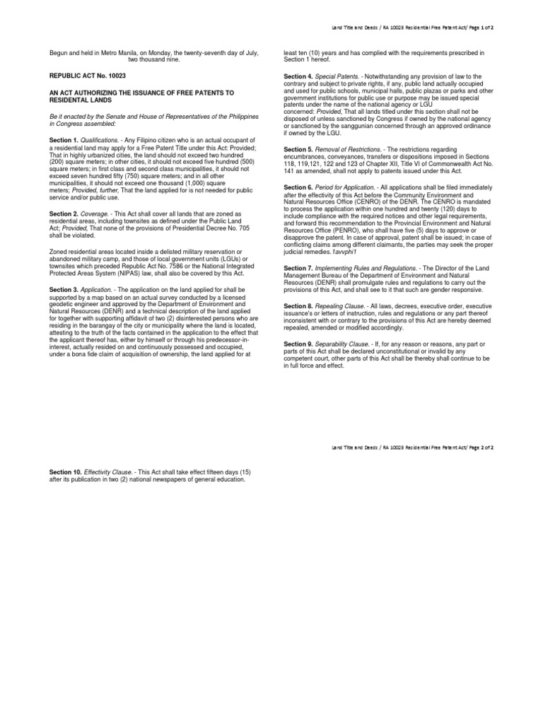 RA 10023 Residential Free Patent Act | PDF | Repeal | Patent