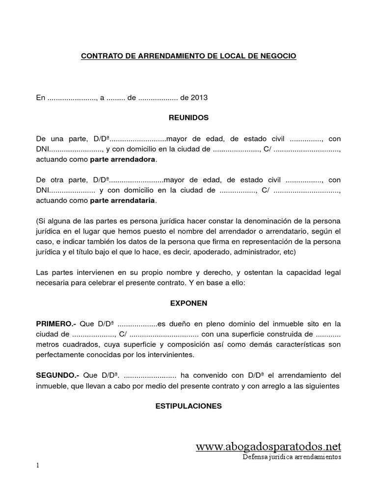Contrato De Arrendamiento De Local De Negocio Pdf Alquiler Pagos