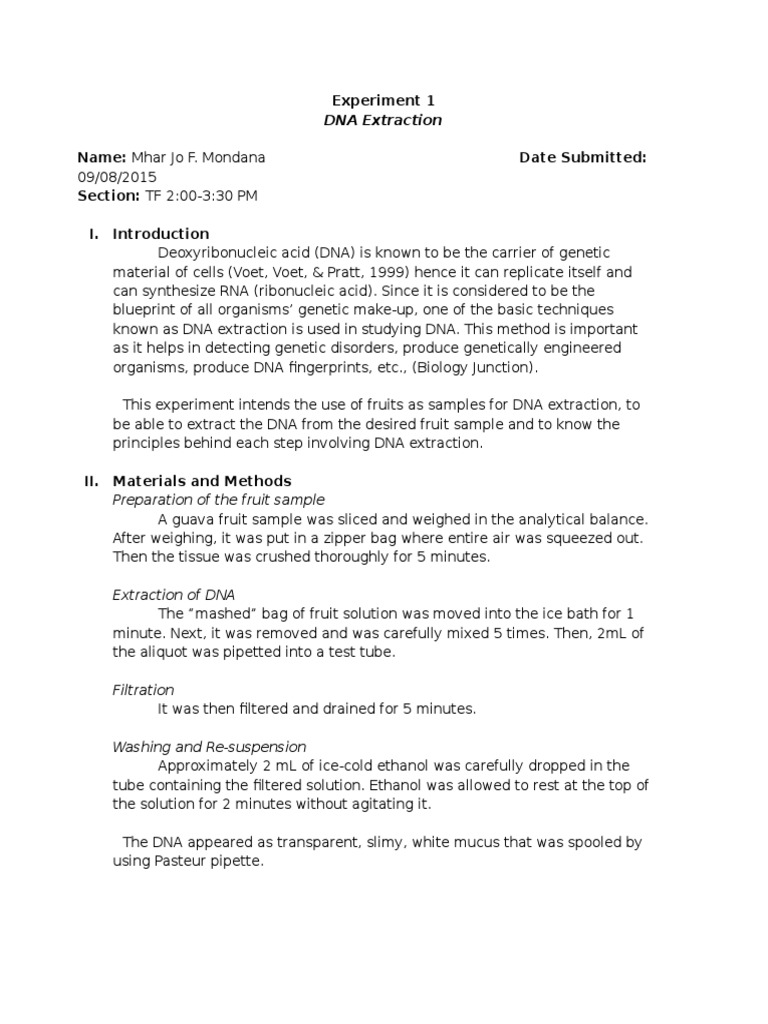 EXPERIMENT 1. DNA Extraction | PDF | Lysis | Dna