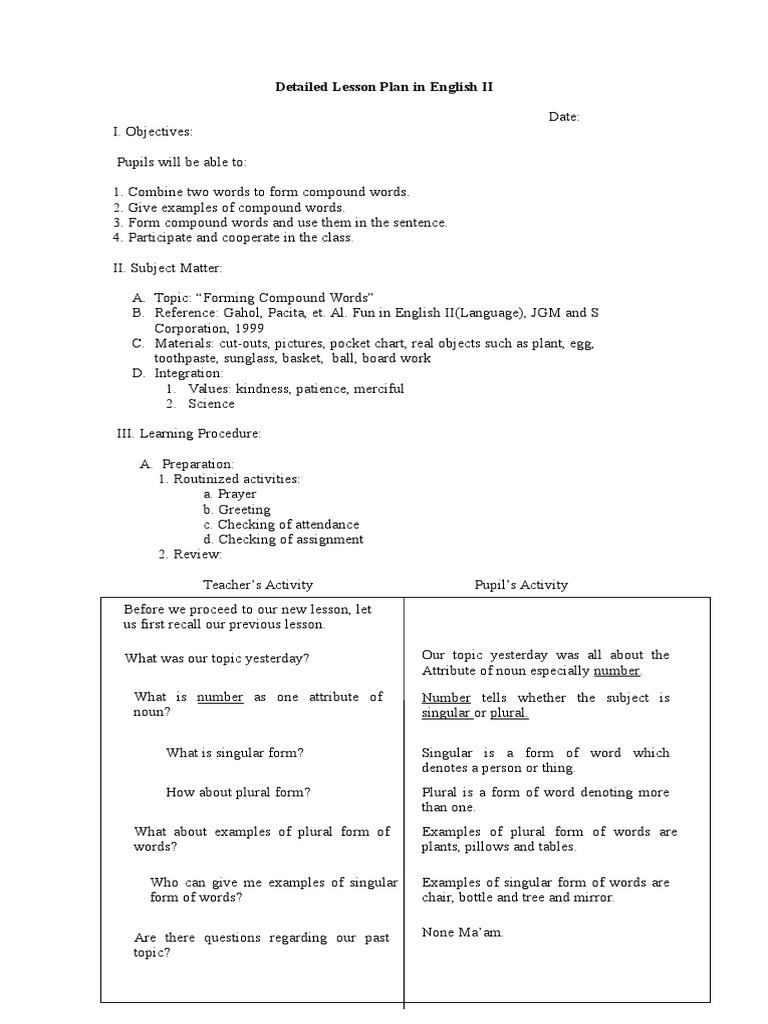 Lesson Plan: Forming Compound Words | PDF | Lesson Plan | Plural