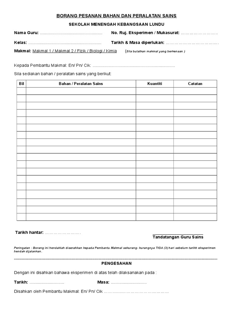 Borang Pesanan Bahan Dan Peralatan Sains | PDF