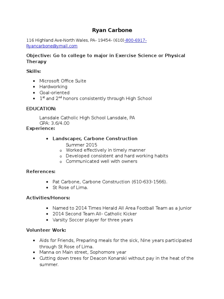 Ryan Carbone Resume | PDF | Sports
