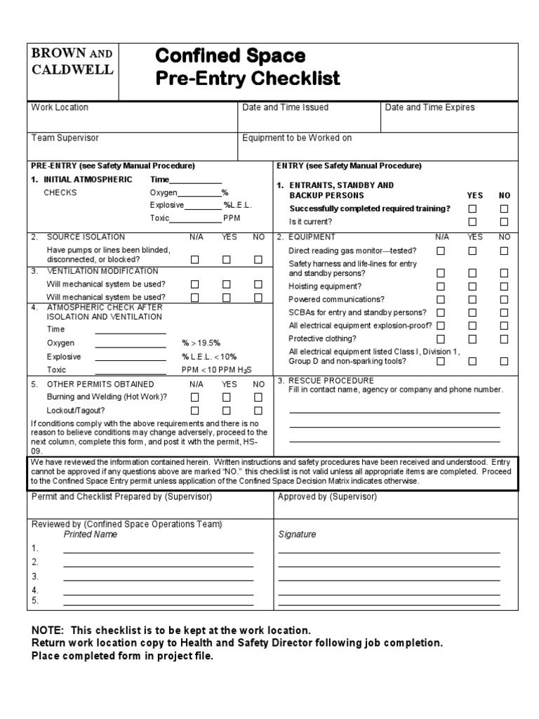 Confined Space Pre-Entry Checklist | PDF | Safety | Occupational Safety ...