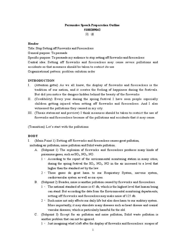 Persuasive Speech Preparation Outline Pdf Fireworks Noise