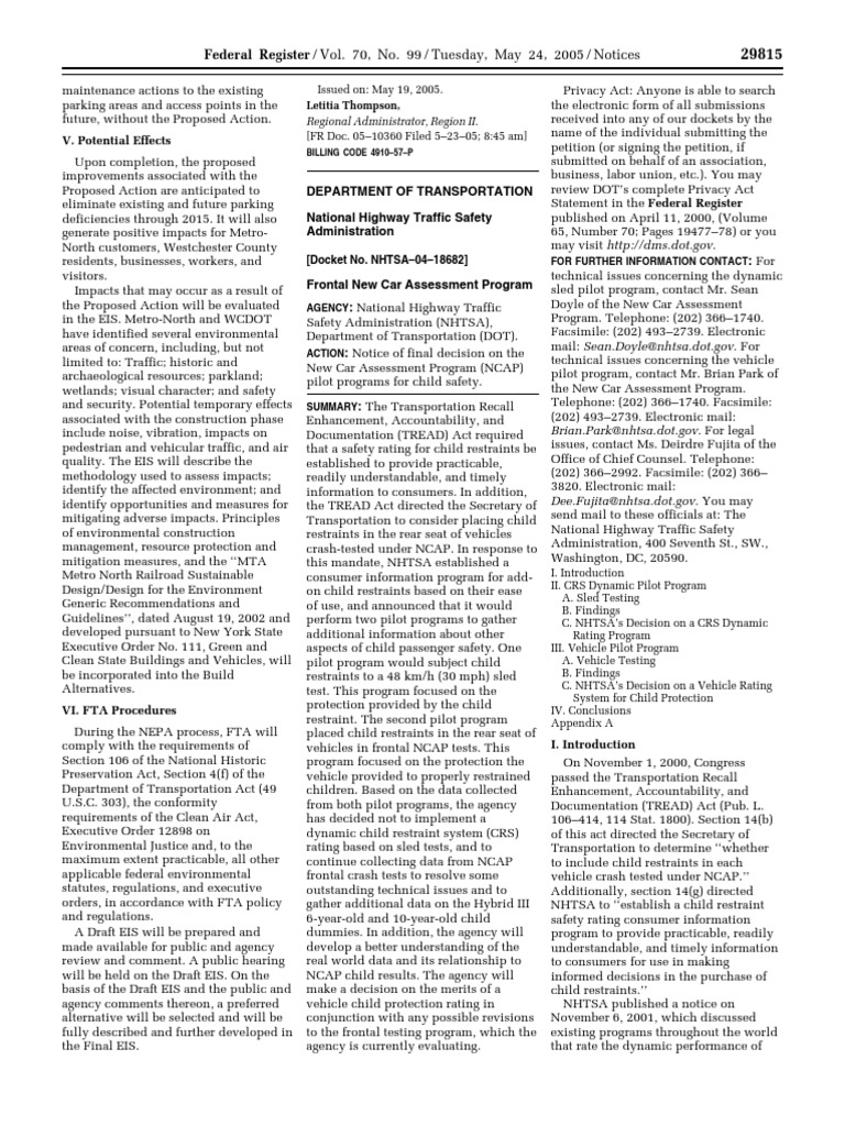 Notice: Motor Vehicle Safety Standards: Child Restraint Systems ...