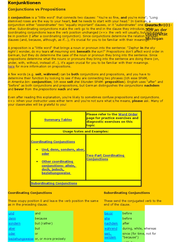 German Conjunctions Vs Prepositions | PDF | Preposition And ...
