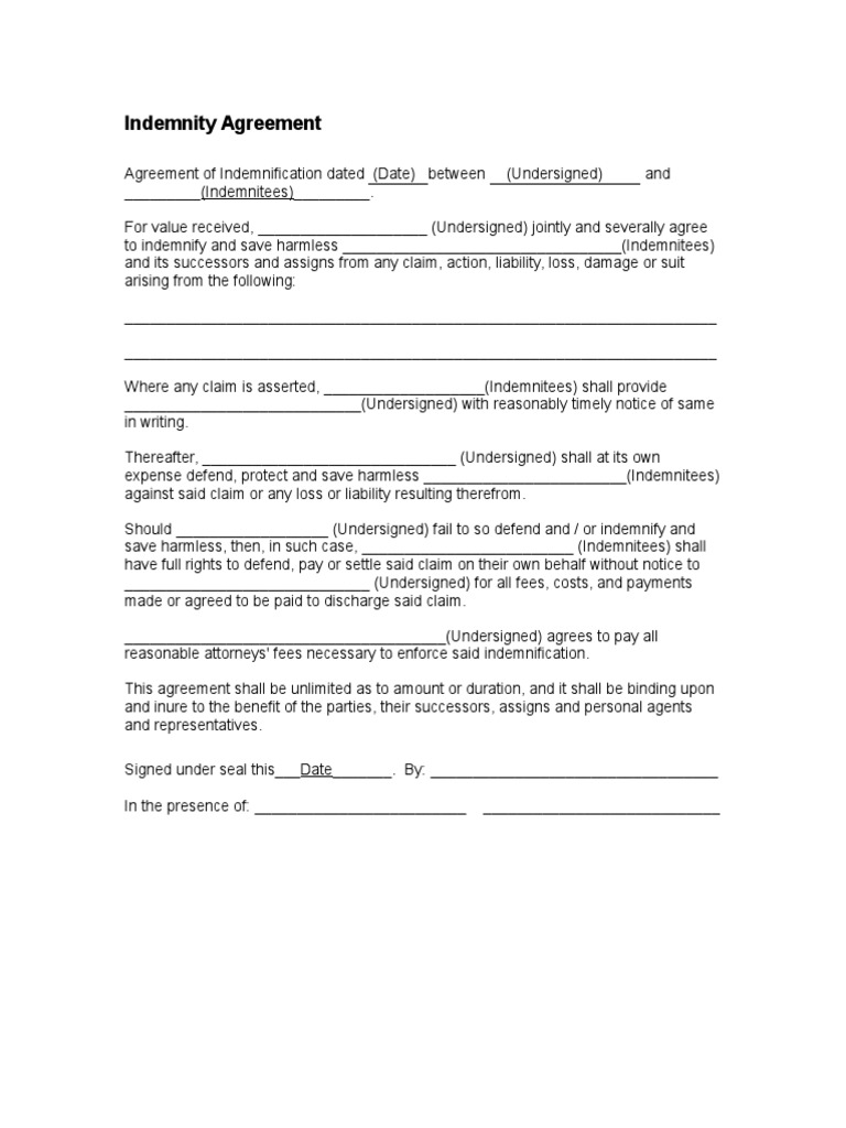 Indemnity Agreement Sample