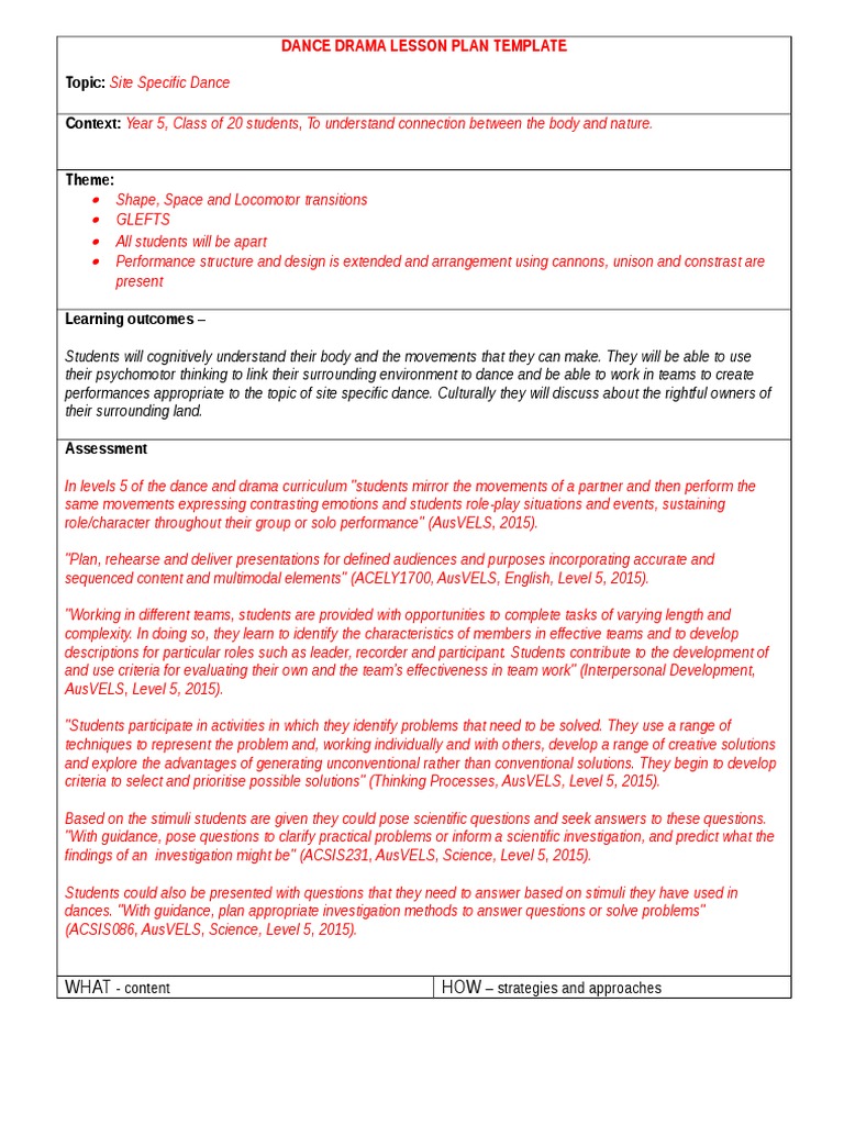 Dance Drama Lesson Plan Template | PDF | Lesson Plan | Dances