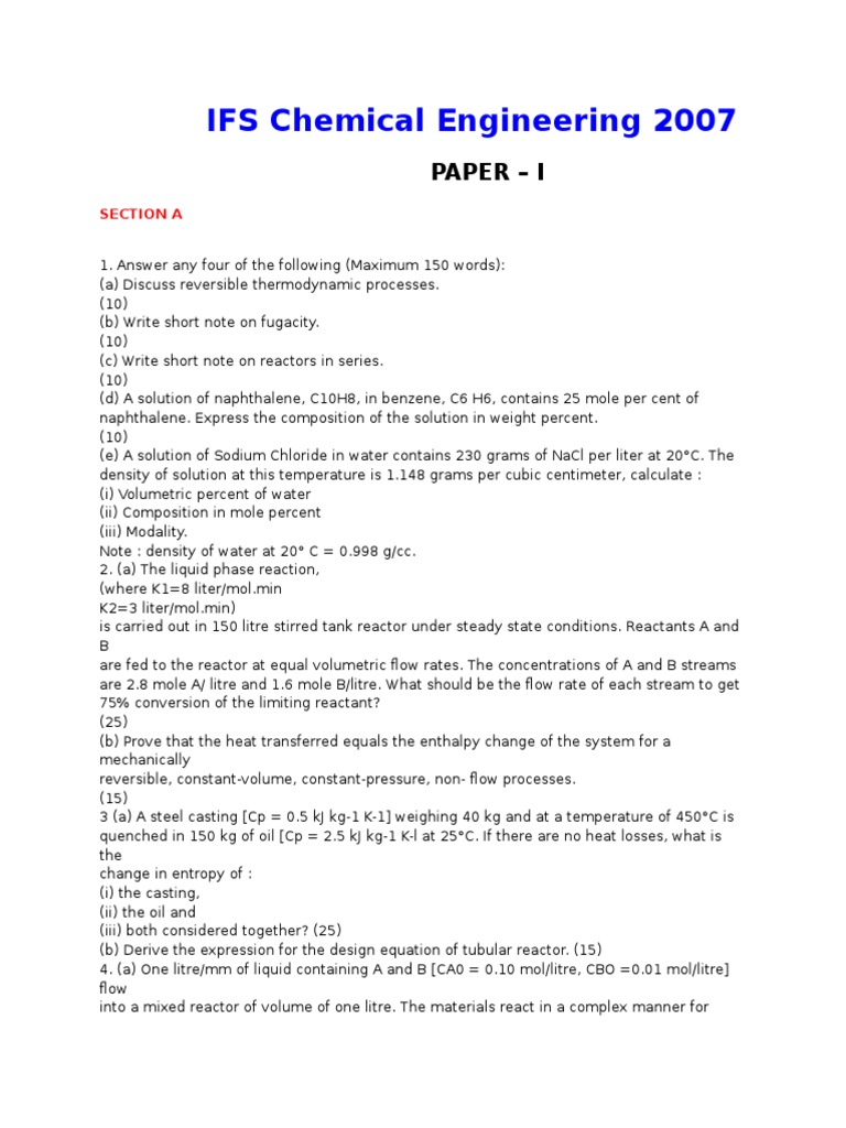 IFS Chemical Engineering Paper II Sample Paper 31 | PDF | Chemical ...