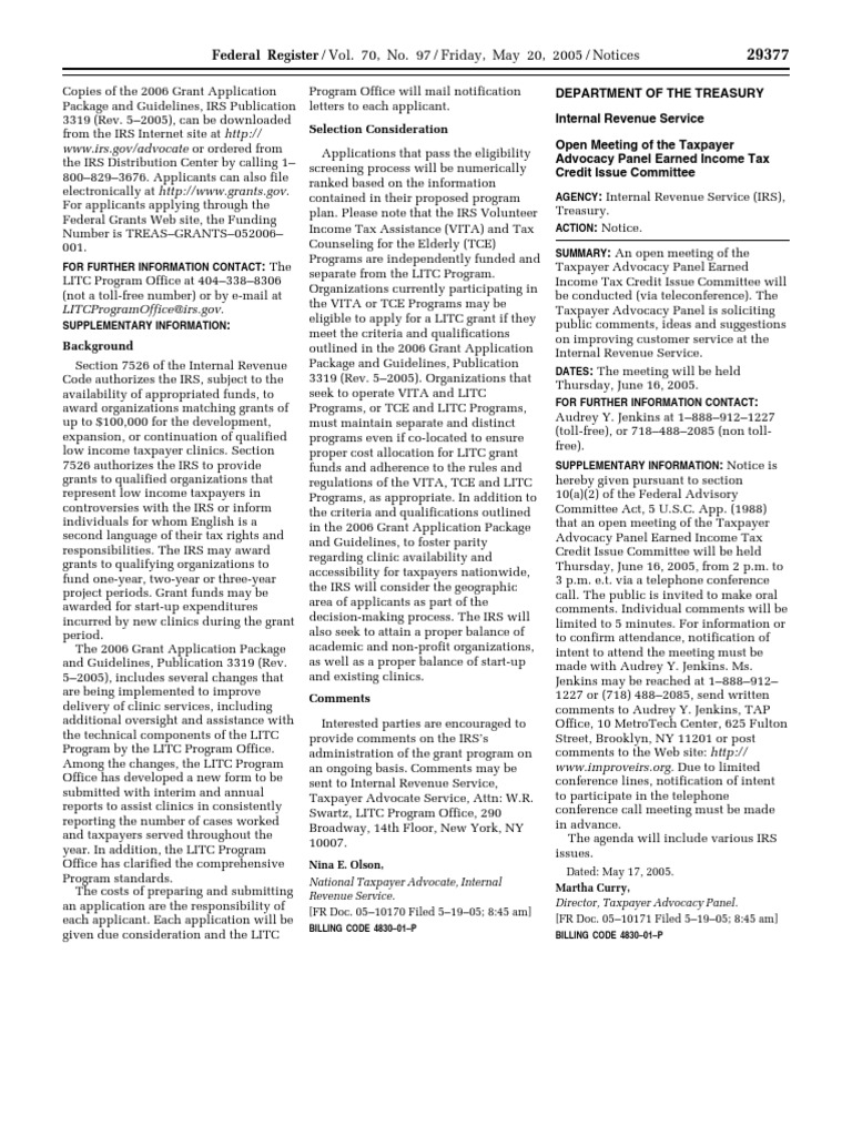 Notice: Grants and Cooperative Agreements Availability, Etc.: Taxpayer Advocacy Panels | PDF ...