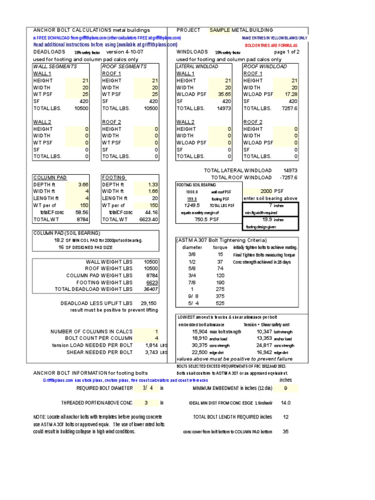 Anchor Bolt Calculation Spreadsheet | PDF | Screw | Area