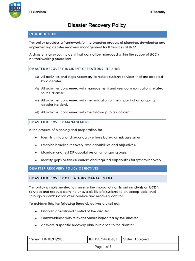ITIL Disaster Recovery Framework at UCD | PDF | Disaster Recovery ...