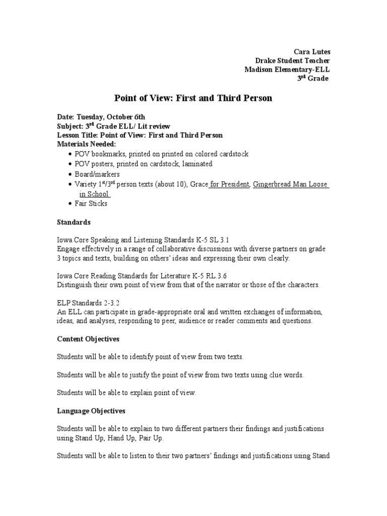 3rd Grade Point of View Lesson Plan | PDF | Narration | Educational ...