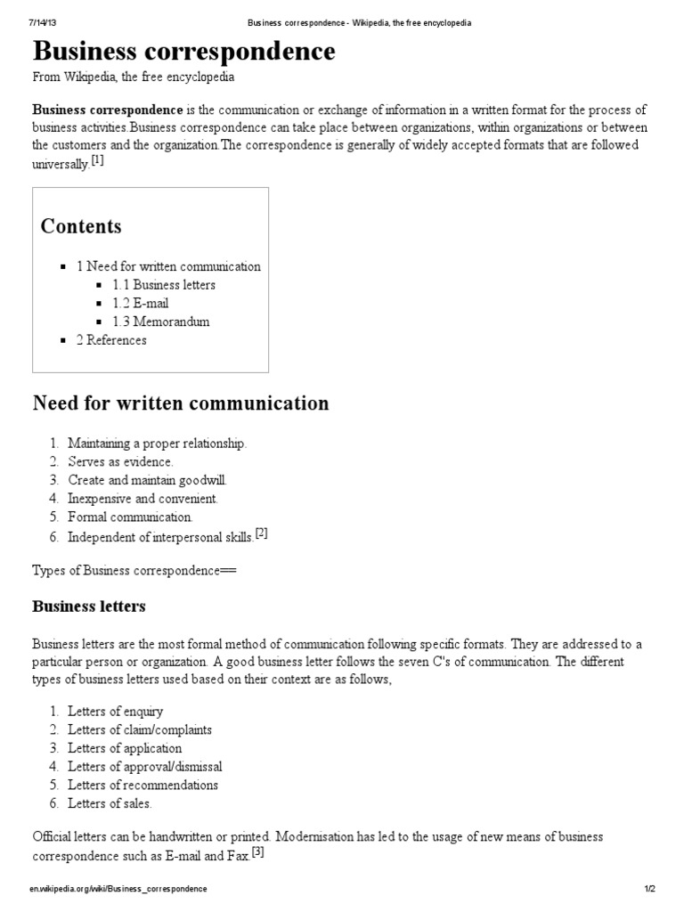 Business Correspondence - Wikipedia, The Free Encyclopedia | PDF ...