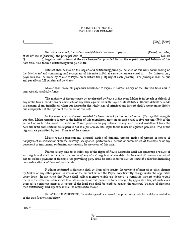 Promissory Note Payable On Demand | PDF | Promissory Note | Interest